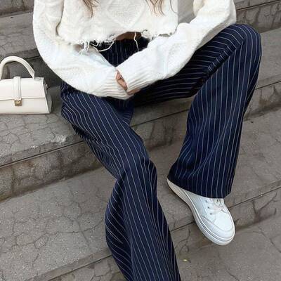 Women's INS High Waist Tube Wide Leg Pants Navy Blue Stripe