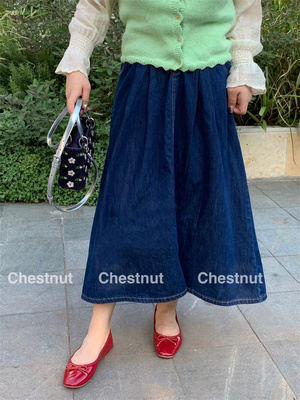 「夏季5折」Chestnut复古蓝高腰显瘦牛仔a字伞裙半身裙