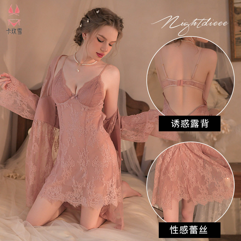 卡玫雪情趣内衣蕾丝拼接仿细腰封家居服透视睡裙套装1973