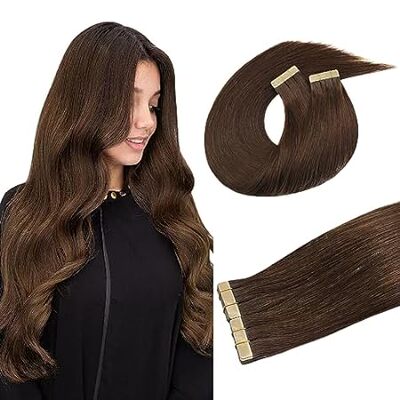 DOORES Tape in Hair Extensions Human Hair， Chocolate Brow