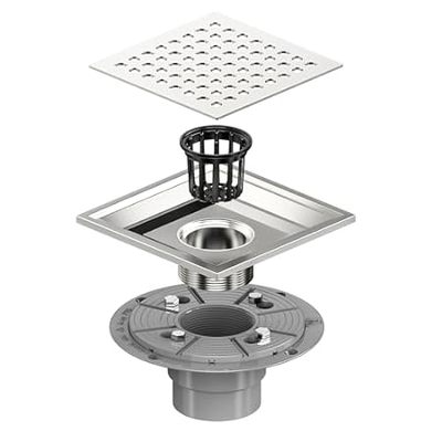 Square Shower Drain，6 inch Stainless Steel 304 Grate and