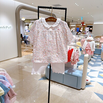 chocolat巧克力韩国代购26夏季女童碎花纯棉七分袖内衣套装薄款