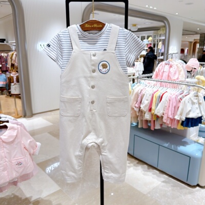 chocolat巧克力韩国童装代购26春季男童条纹短袖背带裤帅气套装