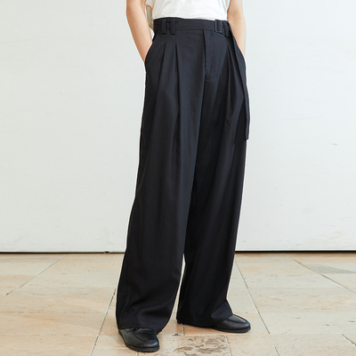 SageSalt 飘带连腰双褶男女宽松黑色长裤 飘逸垂顺不易皱3021BK