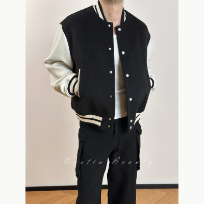 AUSTINBEAUTY【撞色美学】黑白撞色羊毛双面呢棒球服短款