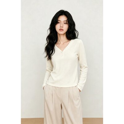 【羊毛扣V领打底衫】侧边扣V领长袖女秋软糯显瘦正肩内搭SQ26029