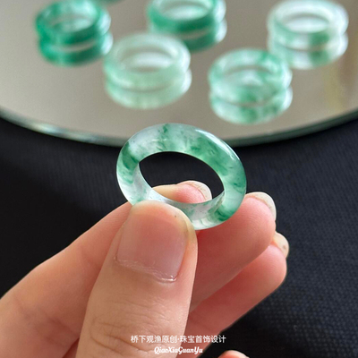 纯天然独龙玉戒指冰种飘花戒指男女款和田玉翡翠指环素圈戒送礼物