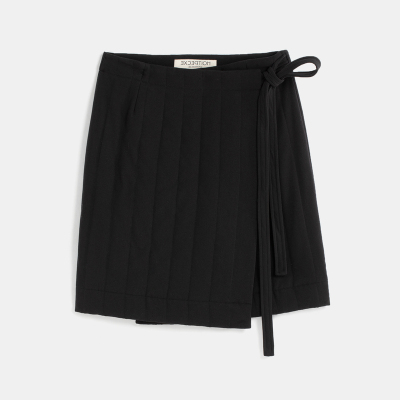 EXCEPTION例外女装不规则绑带及膝半裙搭片百褶质感半身裙A115-V1