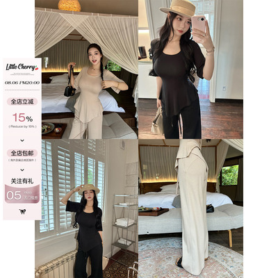 大圆领薄款上衣/宽腰头简约长裤
