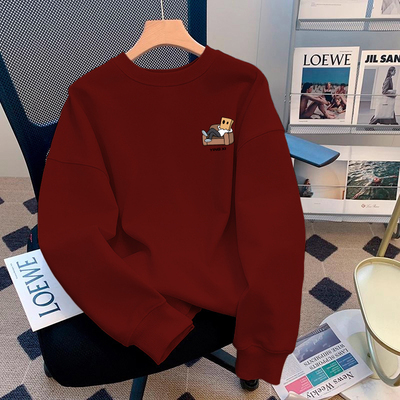 颖膝新年酒红色圆领卫衣男款潮牌