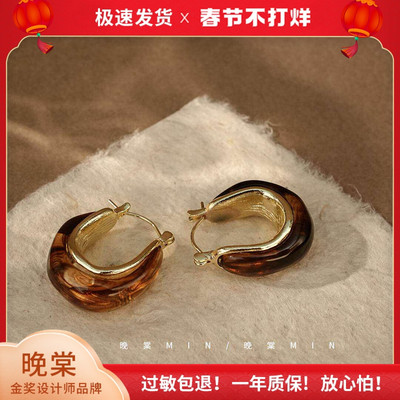 U型耳扣耳环耳圈棕色小众设计感