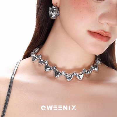 QWEENIX 甜酷风爱心水滴拼接短款锁骨朋克项链女立体桃心辣妹潮酷