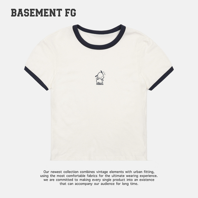 BASEMENTFG撞色拼接短袖T恤米白色圆领卡通印花上衣261020089005