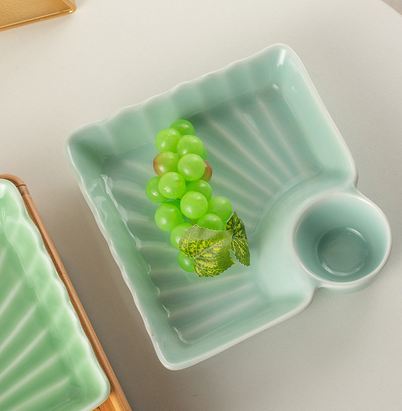 青瓷方形饺子盘托盘家用深盘中式陶瓷创意带醋碟盘早餐盘商用龙泉