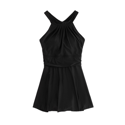 连体裙式泳衣女黑色保守显瘦