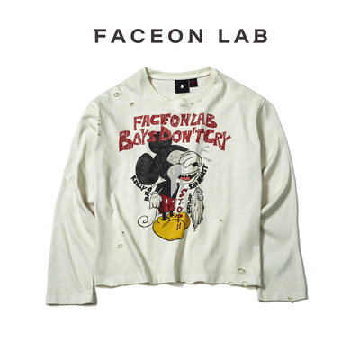 今日青年FACEONLAB 复古做旧破坏白色悲伤米奇长袖 宽松百搭T恤