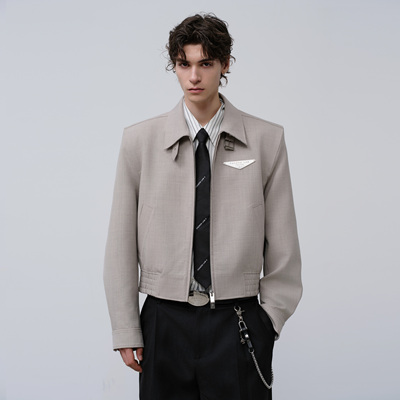 飞上来FACEONLAB原创精仿羊毛短款拉链翻领极简男装灰色长袖夹克