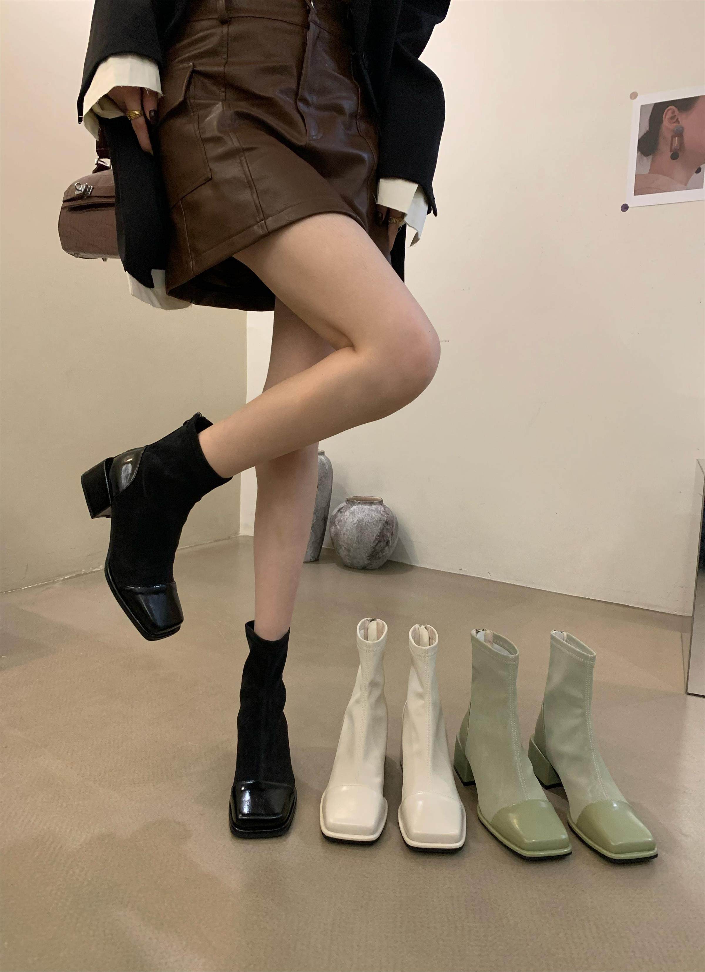 法式粗跟拼接马丁靴女靴子2023年新款夏季方头瘦瘦小短靴春秋单靴_虎窝淘