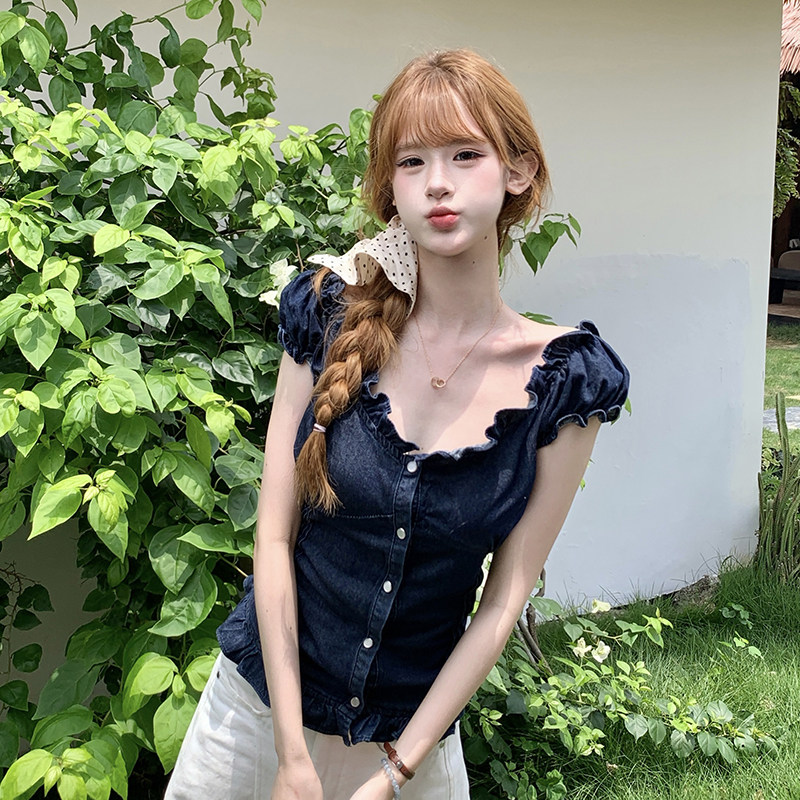 甜酷辣妹泡泡袖荷叶边收腰显瘦夏季薄款牛仔上衣
