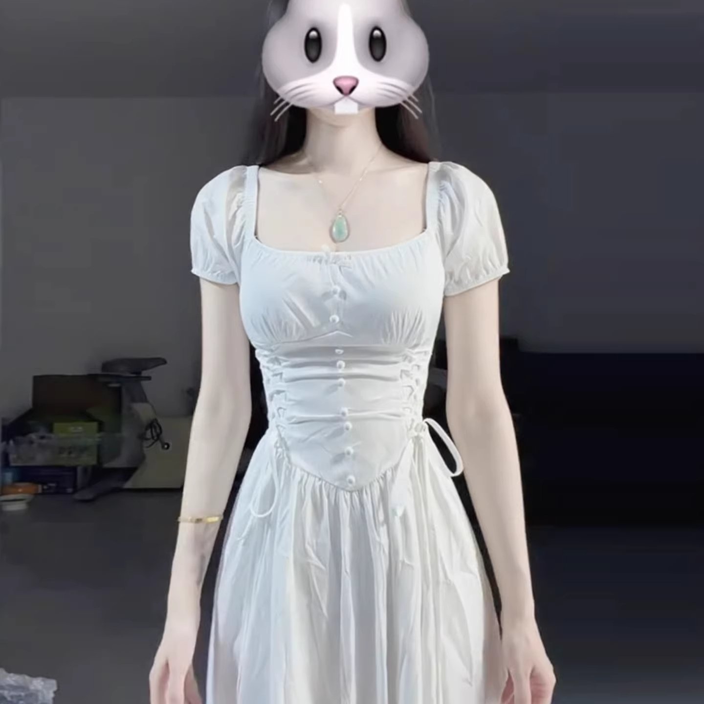 白色桔梗 少女感绑带收腰连衣裙女夏大方得体短袖长款裙子