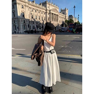 韩国东大门简约纯色V领连衣裙女