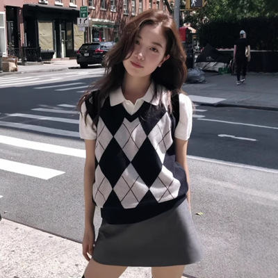 撞色菱格羊毛马甲V领套头背心韩