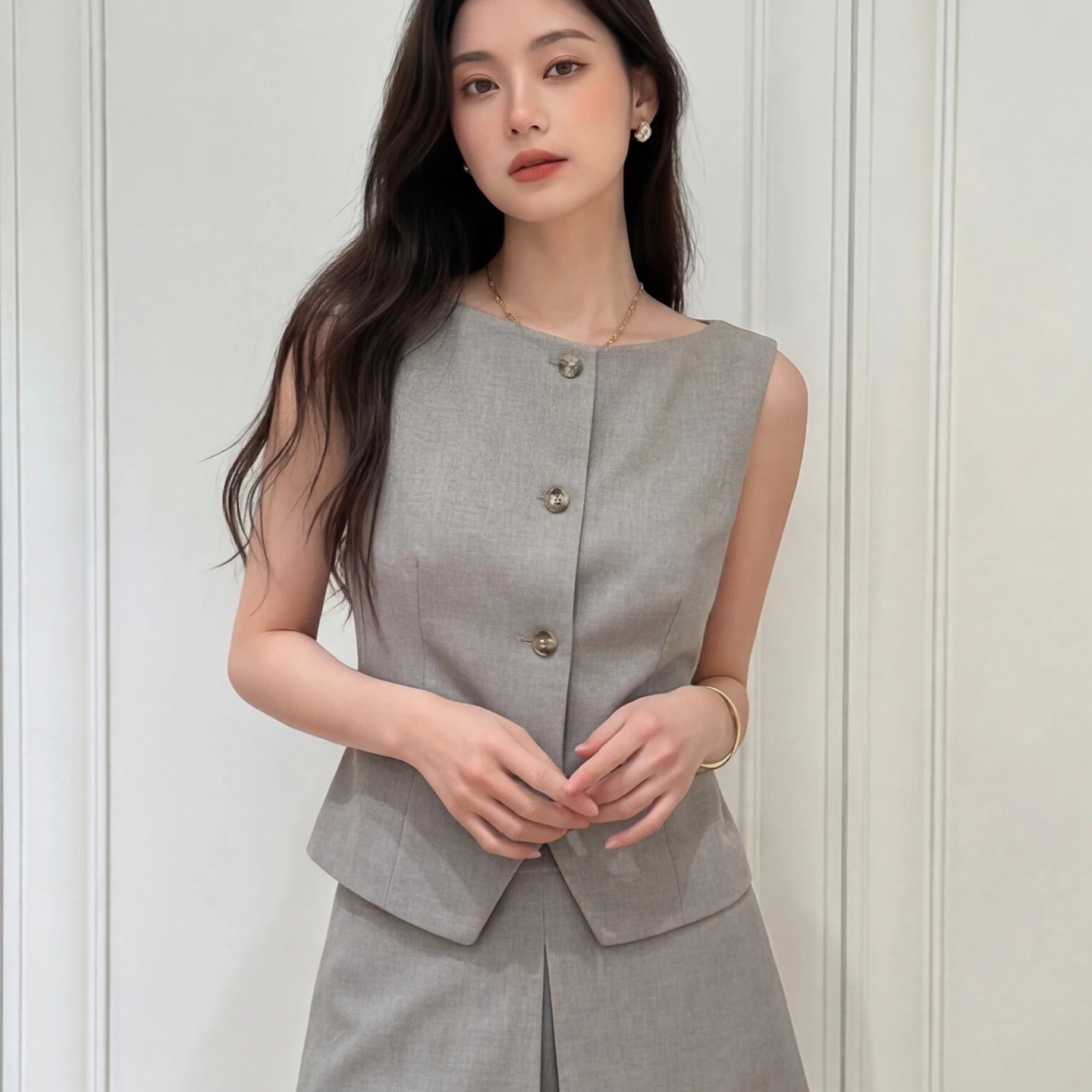 法式浅灰燕麦无袖西装马甲半身裙两件套高级感通勤职业套装女