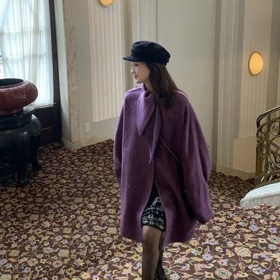 iouiou 紫色双面羊毛大衣女秋冬高级感名媛气质兔耳朵设计感长款