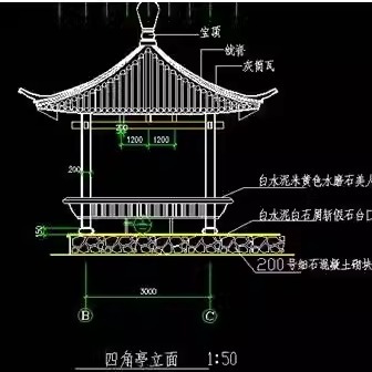 L1050中式古建筑亭子钢筋混凝土四角亭方形亭子CAD施工图配筋图