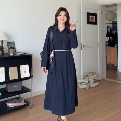 大码女装胖mm质感翻领腰带连衣裙