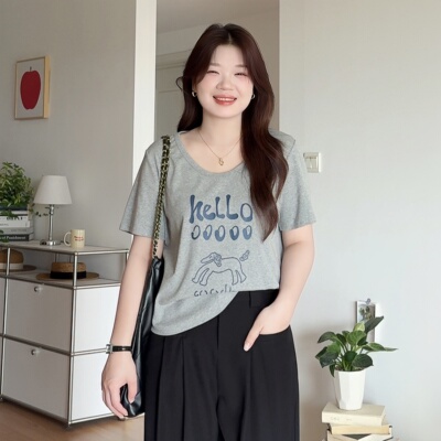 大码胖mm印花短袖T恤正肩上衣女