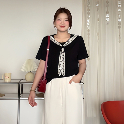 大码显瘦蕾丝披肩短袖T恤上衣女