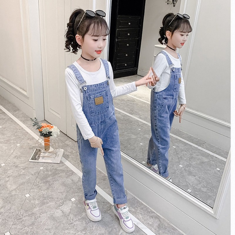 女童牛仔背带裤2023春秋新款韩版中大童吊带裤洋气背带裤两件套装_虎窝淘