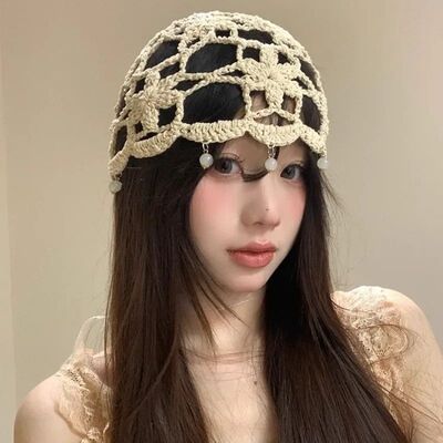 Women'S Hand Woven Flower Patterned Hooded Hat With Summer H