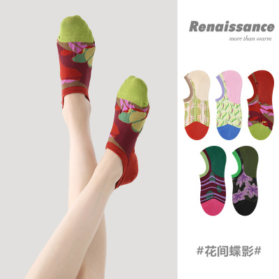 Renaissance原创女袜复古浮雕花朵短袜ins潮无骨船袜精梳棉袜子女