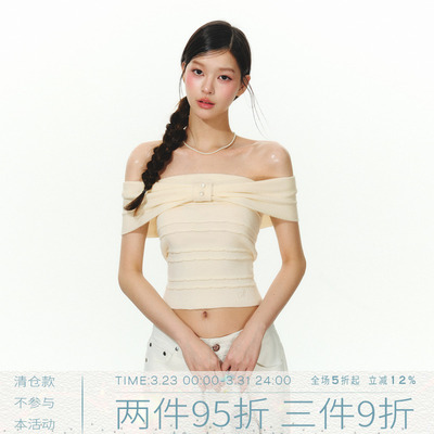 MMMOUND 美式复古设计感一字肩短款短袖t恤女夏季新款上衣