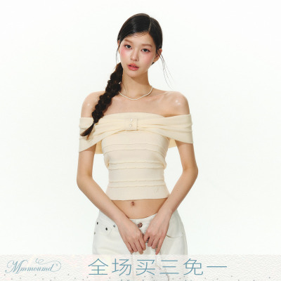 MMMOUND 美式复古设计感一字肩短款短袖t恤女夏季新款上衣