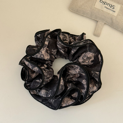 复古玫瑰印花四层大肠发圈淡雅温柔头花发绳法式褶皱荷叶边头绳女