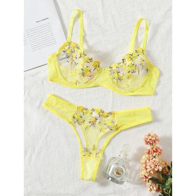 Sexy Low Waist Lace Flower Embroidery Fun Women's Bra Se