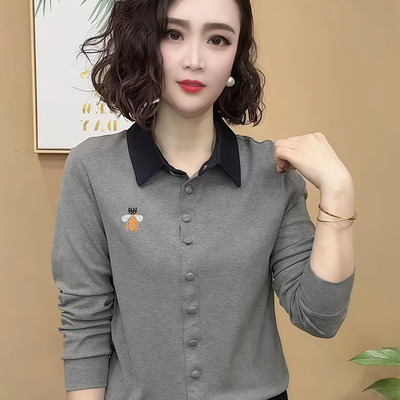 2025春秋新款时尚女装气质翻领长袖t恤衫减龄宽松休闲纯色上衣女