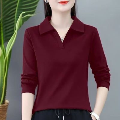 中老年polo领长袖T恤女2025年春季洋气小衫百搭纯色妈妈休闲上衣