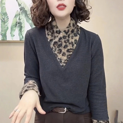 秋冬女士豹纹拼接立领长袖T恤潮