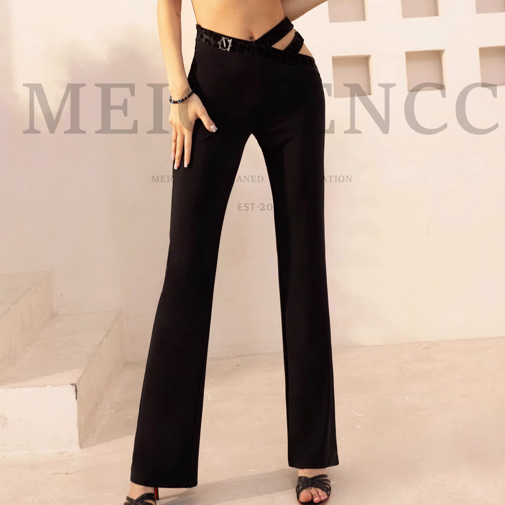 美辰[墨然]舞蹈练功服女中高腰微喇叭中国舞服装黑色体操形体长裤