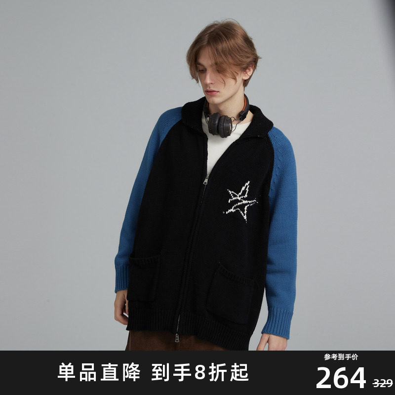 HeartBoon哈特蹦秋季星星撞色开衫外套女毛衣男翻领针织衫情侣装_虎窝淘