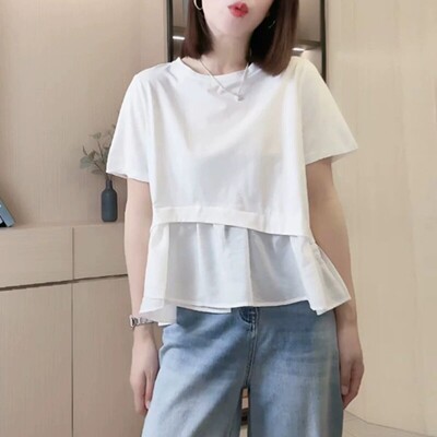 夏季不规则白色雪纺短袖t恤女薄款2026超火独特漂亮遮肚子宽0430z