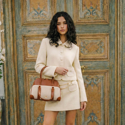 FROM ARACHNID小众设计度假风两用拼皮条纹大号贝壳包保龄球包