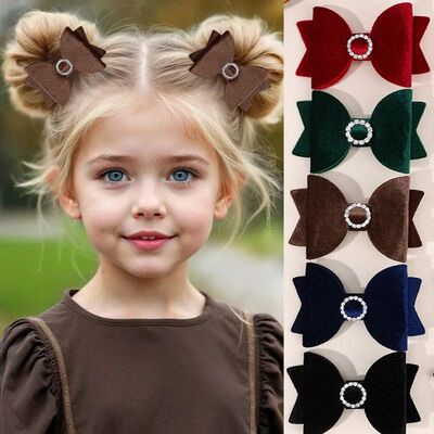 2Pcs Girls' Velvet Bow Hair Clip with Diamond Inlaid Circula