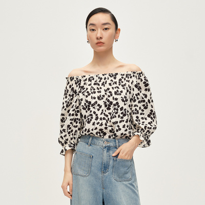 Dekashell/迪卡轩2025夏季新款衬衫上衣女碎花一字肩设计