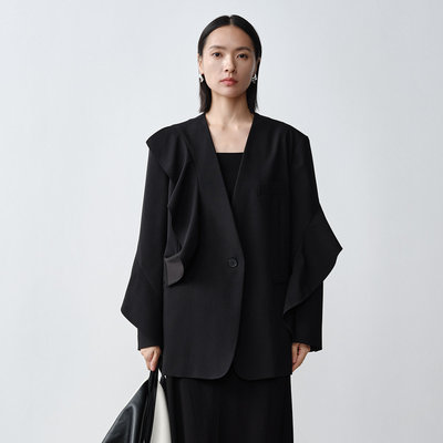 Dekashell/迪卡轩2025秋季新款黑色宽松休闲风女士西装外套长袖