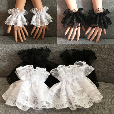Lolita Hand Sleeve Wrist Cuffs Ruffled Floral Black Lace Ela